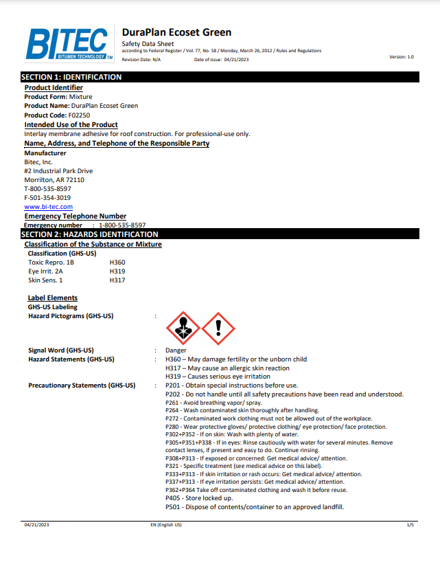 DuraPlan™ Ecoset Green (Ultra Low VOC) SDS - BITEC, INC.